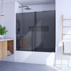 dreamline mirage-x 56-60 in. w x 58 in. h frameless sliding tub door in matte black with smoke gray glass