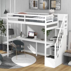 citylight twin size loft bed with stairs and desk, wood twin loft bed with storage staircase, kids high loft bed twin for girls, boys, bedroom, dorm, no box spring needed (loft bed twin size, white)