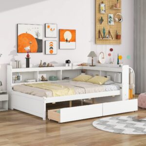 jivoit full size captain platform bed with l-shaped bookcases and two storage drawers, solid wood platform bed frame with wood slats support for kids teens adults