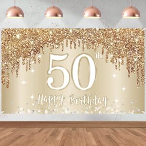 happy 50th birthday banner backdrop decorations for women, gold white 50 birthday sign party supplies, fifty year old birthday photo booth background poster(72.8 x 43.3 inch)