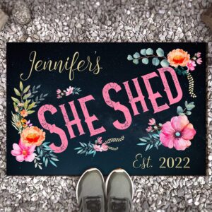 personalized planet she shed doormat - custom name door mat, floral bouquet custom woman's she shed entrance, floral door rug, non-slip decorative gift home rugs, she shed gift, cute she shed decor