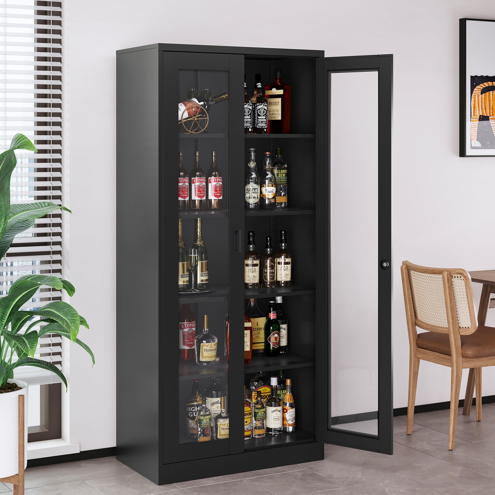 LISSIMO Tall Bookcase Storage Cabinet with Tempered Glass Door,Metal Display Cabinet with 4 Adjustable Shelves,5-Tier Curio Cabinet Liquor Cabinet for Home,Study,Living Room and Office (Black)