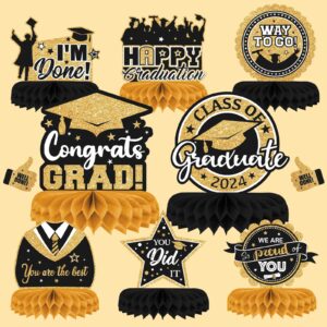 8 pieces class of 2024 graduation table decorations - 2024 congrats grad honeycomb centerpieces, graduation table toppers decor for 2024 graduation party decorations favor supplies (black and gold)