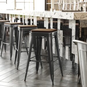 bizchair commercial grade indoor-outdoor bar height stool - black metal frame - teak poly resin seat - 30" high - backless