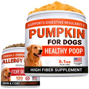 pumpkin for dogs + allergy relief bundle - upset stomach + itchy skin relief - pure pumpkin powder + omega 3 + enzymes + turmeric - digestion support + skin & coat health - 8.1oz + 120ct - made in usa