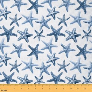 feelyou starfish beach fabric by the yard, coastal beach ocean theme upholstery fabric for chairs,ocean marine nautical sea creatures decorative waterproof outdoor fabric, 1 yard, teal blue