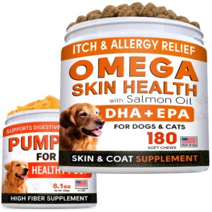 fish oil omega 3 + pumpkin for dogs bundle - allergy and itch relief + upset stomach - omega 6 9 - epa & dha + pure pumpkin powder - skin and coat supplement + digestion - 180ct + 8.1oz - made in usa