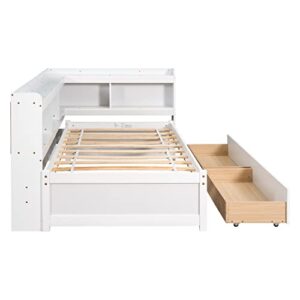 HomSof Twin Bed with L-Shaped Bookcases,Drawers,White