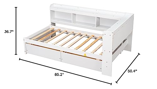 HomSof Twin Bed with L-Shaped Bookcases,Drawers,White