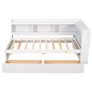 HomSof Twin Bed with L-Shaped Bookcases,Drawers,White