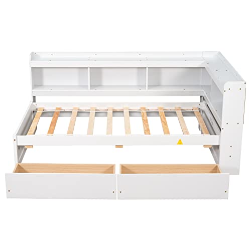 HomSof Twin Bed with L-Shaped Bookcases,Drawers,White