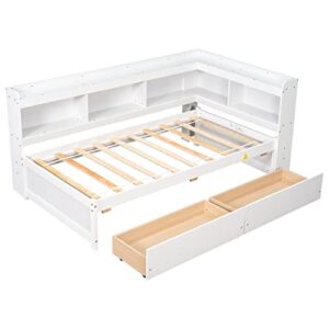 HomSof Twin Bed with L-Shaped Bookcases,Drawers,White