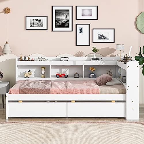 HomSof Twin Bed with L-Shaped Bookcases,Drawers,White