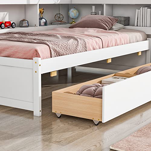 HomSof Twin Bed with L-Shaped Bookcases,Drawers,White