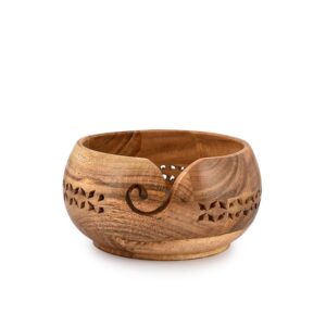 samhita acacia wood yarn bowl holder |hand carved yarn bowls for diy knitting crocheting accessories (7" x 7" x 4")