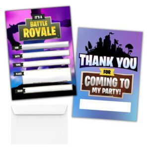 hat acrobat 20 birthday invitations for boys with envelopes and thank you cards - game on birthday party supplies (purple)