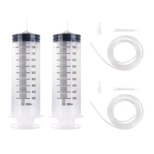 akolafe 2 sets of 500ml syringe with 51.2 inch tube, needle, adapter, plastic syringe with needle, large syringe for liquid, resin, oil, draining, refilling, dispensing, measuring, feeding