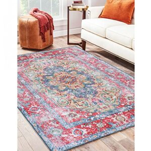 superior indoor large area rug, non-slip backing, for kids or pets, entryway, living room, kitchen, dorm, bedroom, hallway, machine washable, floor cover, rustic, tanager collection, 10' x 14', red