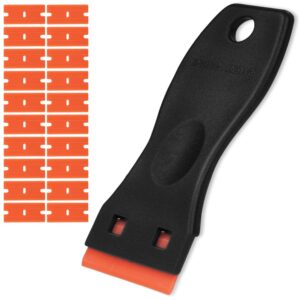 ainiv plastic razor blade scrapers, scraper tool with 20pcs blades, multi-funtional cleaning razor scraper for removing stickers, labels, caulk, adhesive, paint removal-black&orange