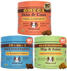 natural dog company ultimate dog health bundle - multivitamin, skin & coat, hip and joint supplement chews - supports immune system, reduces shedding, enhances mobility for dogs of all ages and breeds