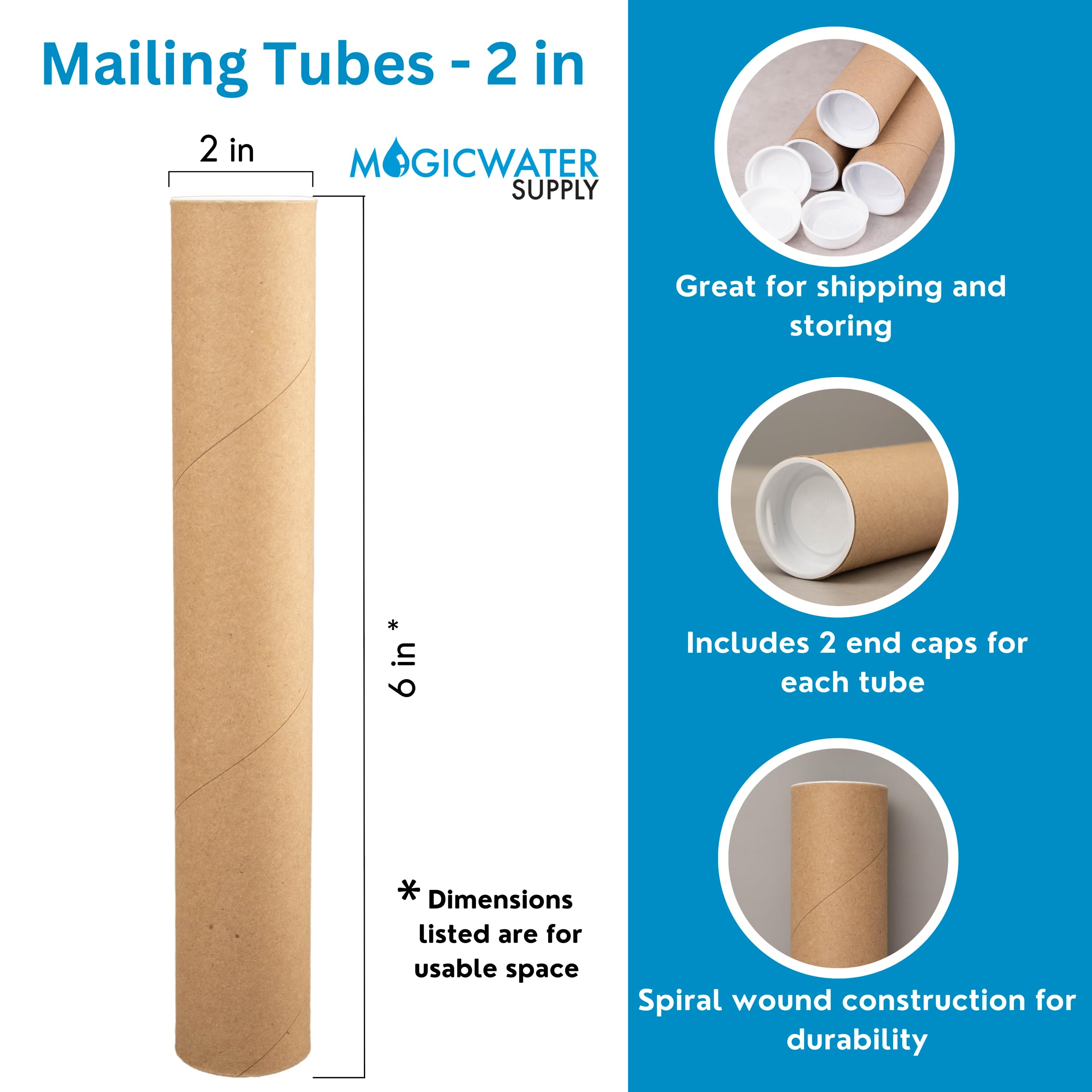 MagicWater Supply Mailing Tube - 2 in x 6 in - Kraft - 12 Pack - for Shipping and Storage of Posters, Arts, Crafts, and Documents