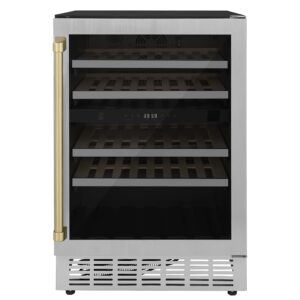 zline 24" autograph edition dual zone 44-bottle wine cooler in stainless steel with wood shelf and champagne bronze accents (rwv-ud-24-cb)