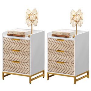 yitahome nightstand with 3 drawers, modern bedside table with chevron design and gold metal legs, small end side table, night stands with lip, for bedroom, set of 2