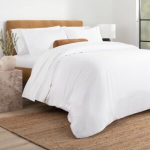 nate home by nate berkus 300tc 3-piece luxe cotton sateen duvet cover | ultra soft, cool, bedding set from mdesign - full/queen size - 1 duvet cover/2 pillow shams, snow (white)