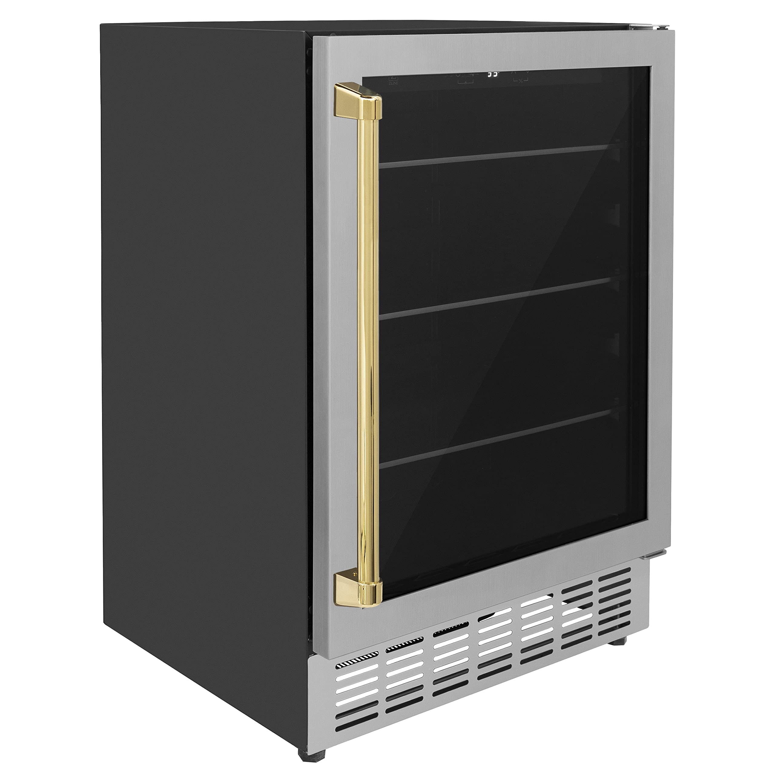 ZLINE 24" Autograph Edition 154 Can Beverage Cooler Fridge with Adjustable Shelves in Stainless Steel with Gold Accents (RBV-US-24-G)