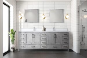 bell+modern big sur 84 in. w x 22 in. d distressed grey double bath vanity and white quartz top