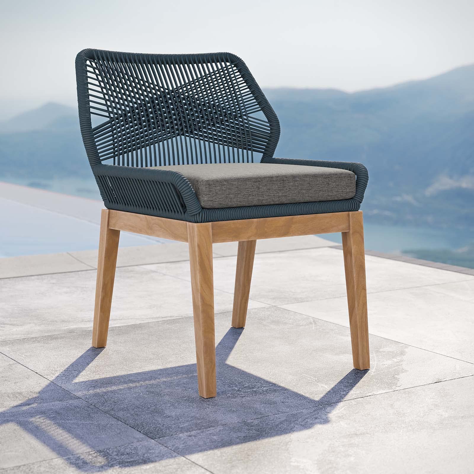 Modway Wellspring Outdoor Patio Teak and Woven Rope Dining Chair in Blue Graphite