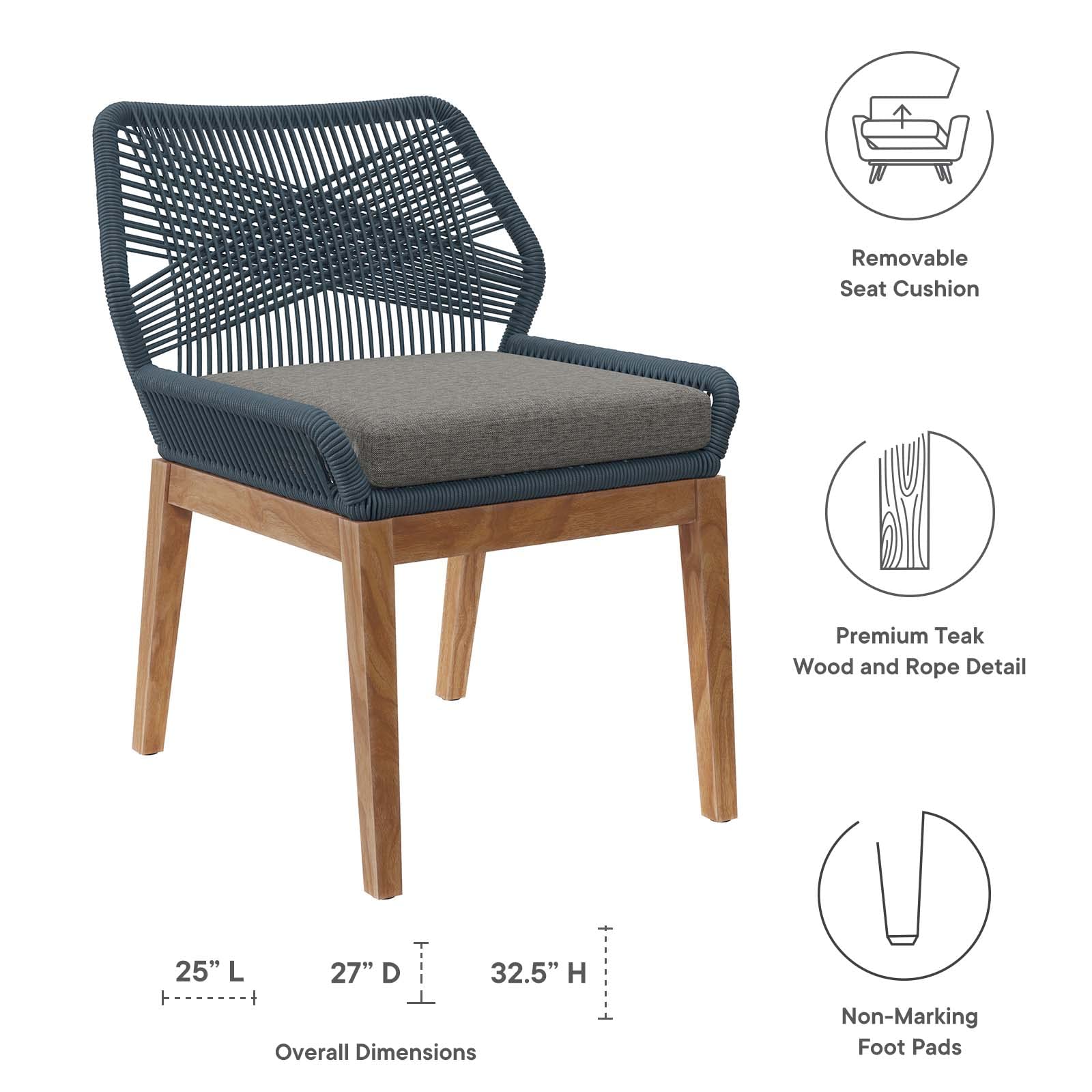 Modway Wellspring Outdoor Patio Teak and Woven Rope Dining Chair in Blue Graphite