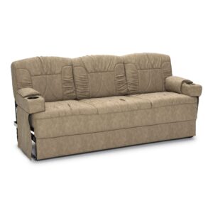 qualitex belmont 68" rv sofa bed, ultimate leather, full size bed, w/cupholders, removable, slide-out arms, fawn