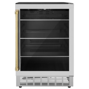 zline 24" autograph edition 154 can beverage cooler fridge with adjustable shelves in stainless steel with gold accents (rbv-us-24-g)