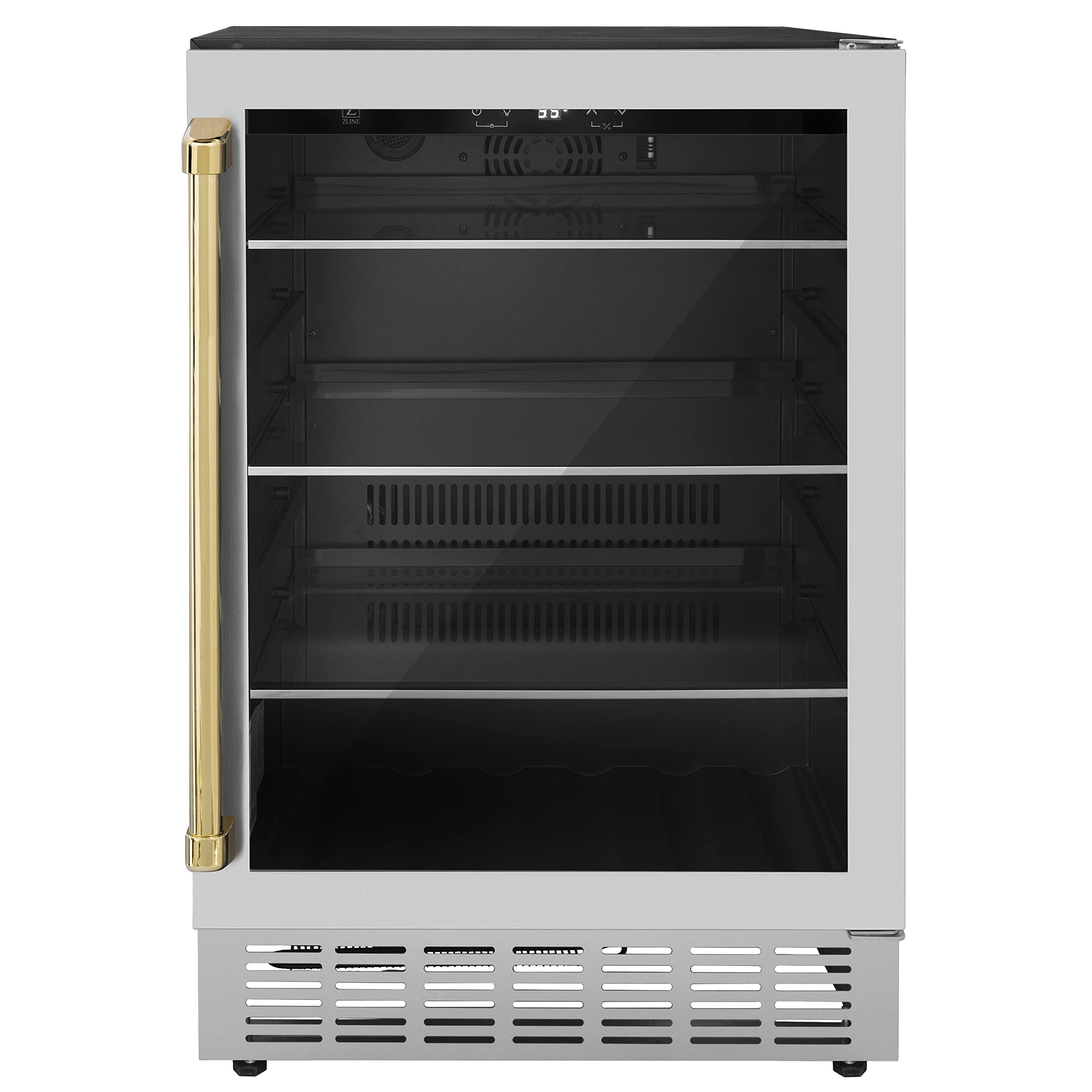 ZLINE 24" Autograph Edition 154 Can Beverage Cooler Fridge with Adjustable Shelves in Stainless Steel with Gold Accents (RBV-US-24-G)