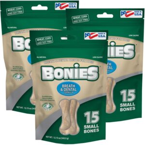 bonies breath and dental formula treats for dogs, all-natural ingredients, fresh breath, cleans teeth, low calories, chicken flavor - 3-pack small, 45 bones