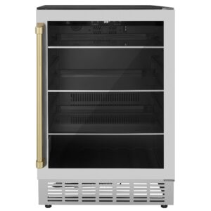 zline 24" autograph edition 154 can beverage cooler fridge with adjustable shelves in stainless steel with champagne bronze accents (rbvz-us-24-cb)