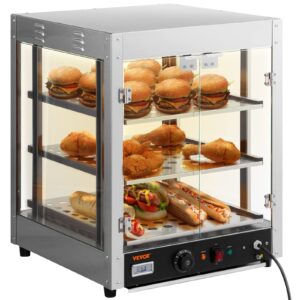 vevor commercial food warmer display, 3 tiers, 800w pizza warmer w/ 3d heating 3-color lighting bottom fan, countertop pastry warmer w/temp knob & display 0.6l water tray, stainless frame glass doors…