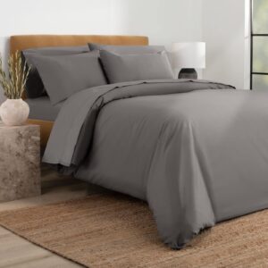 nate home by nate berkus 200tc 2-piece cotton percale duvet cover | crisp, cool, breathable bedding set from mdesign - twin size - 1 duvet cover/1 pillow sham, charcoal (dark gray)