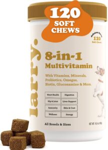 8-in-1 multivitamin dog supplement by larry | heart, digestion, liver, skin, coat, & joint support supplement for dogs | with vitamins, minerals, omegas, & glucosamine chondroitin | 120 soft chews