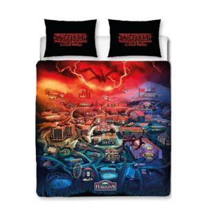 stranger things character world official double duvet cover | hawkins town map design, reversible easy care bedding 2 sided duvet quilt set with matching pillow cases, multicolour print