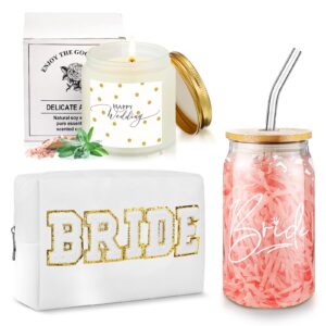 3 pcs bride to be gifts box, bridal shower bachelorette gifts for bride, bride cup glass 16.9 oz happy wedding scented bride candle white bride makeup bag wedding gift engagement gifts for women her