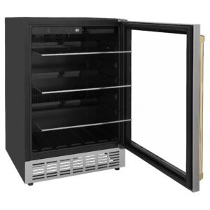 ZLINE 24" Autograph Edition 154 Can Beverage Cooler Fridge with Adjustable Shelves in Stainless Steel with Gold Accents (RBV-US-24-G)