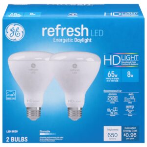 ge refresh led light bulbs, 65 watt, daylight, br30 indoor floodlights (2 pack)