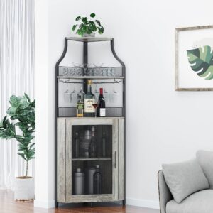 amyove corner wine bar rack cabinet with detachable wine rack, bar cabinet with glass holder, small sideboard and buffet cabinet with mesh door