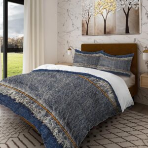 batmerry blue fringe orange king size 3 pieces bedding comforter cover sets,soft fluffy denim torn worn blue jeans pattern printed duvet cover for all season