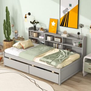 twin size captain bed with 2 storage drawers wood day beds with side bookcase, twin bed frame for kids, boys, girls & teens, no box spring needed, grey