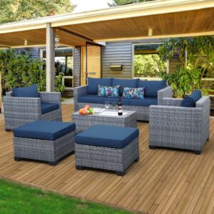 lviden 6 pieces wicker patio furniture sets outdoor conversation set pe rattan sectional sofa couch with storage table and royal blue cushions