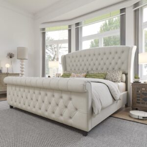 amerlife king size platform bed frame, chenille upholstered sleigh bed with scroll wingback headboard & footboard/button tufted/no box spring required/cream