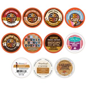 perfect samplers caramel coffee pods variety pack, medium roast coffee for keurig k cups machines, assorted caramel flavored coffee pods sampler, 50 count